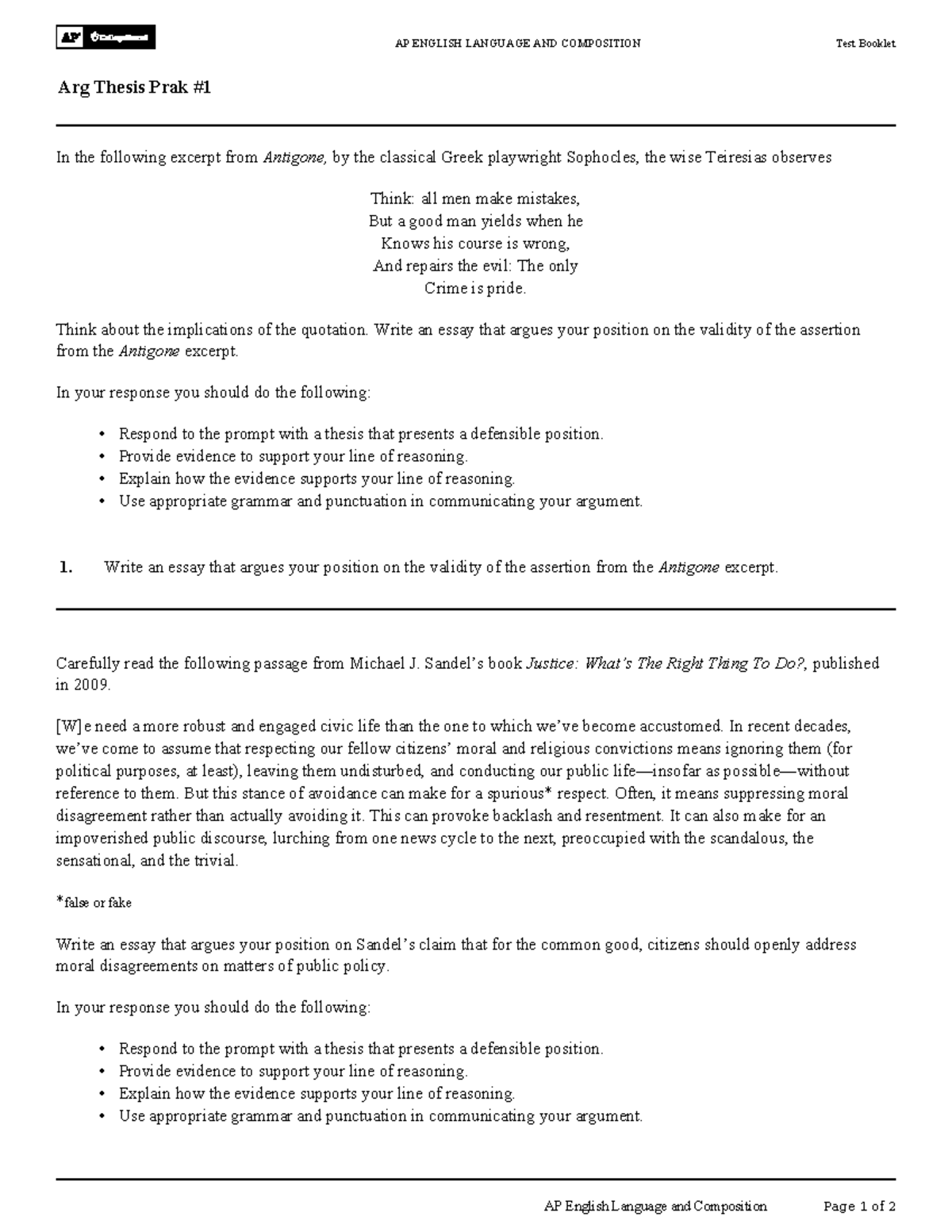 AP ENGLISH LANGUAGE AND COMPOSITION Essay: Argumentative Thesis ...