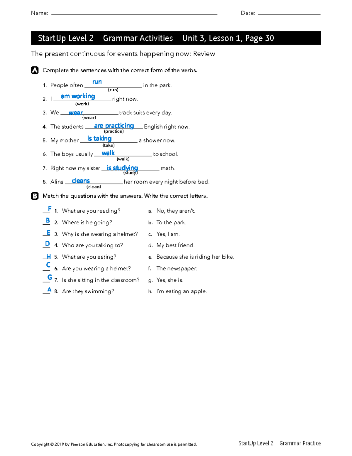 StartUp Level 2 Grammar Activities: Present Continuous Review - Studocu