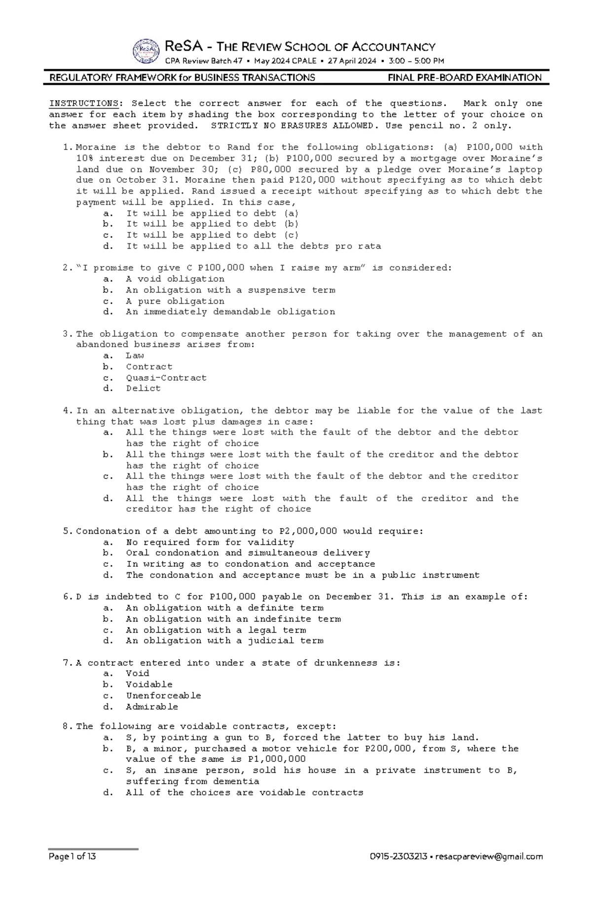 B47-RFBT-Final-Pre-Board-Exam-Review-May-2024 - Studocu