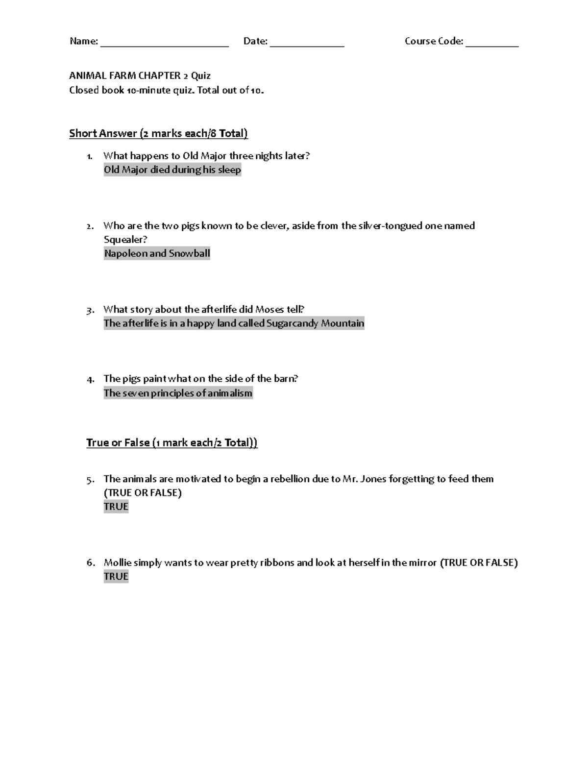 Animal FARM Chapter 2 Quiz - Name: ________________________ Date ...