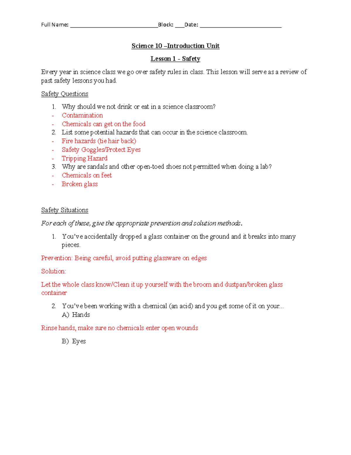 Science 10: Unit Lesson 1 - Safety Practices Review - Studocu