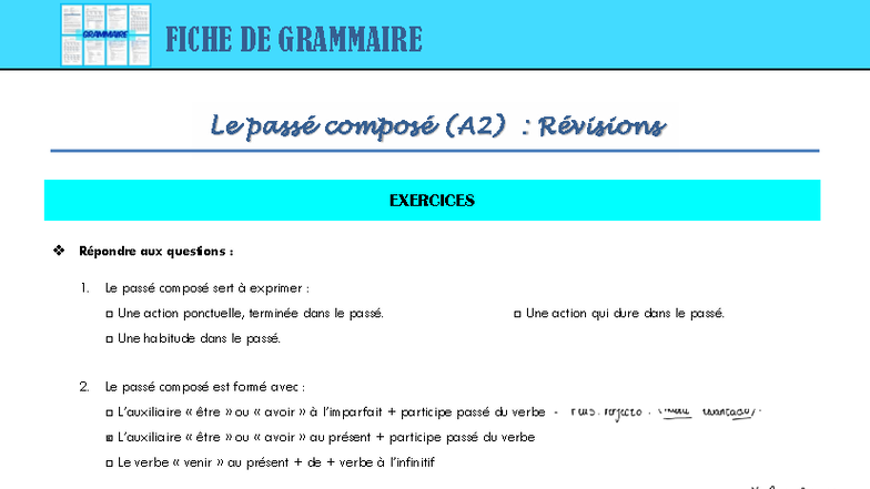 FICHE DE GRAMMAIRE : Le passé composé (A2) - Révisions et Exercices ...