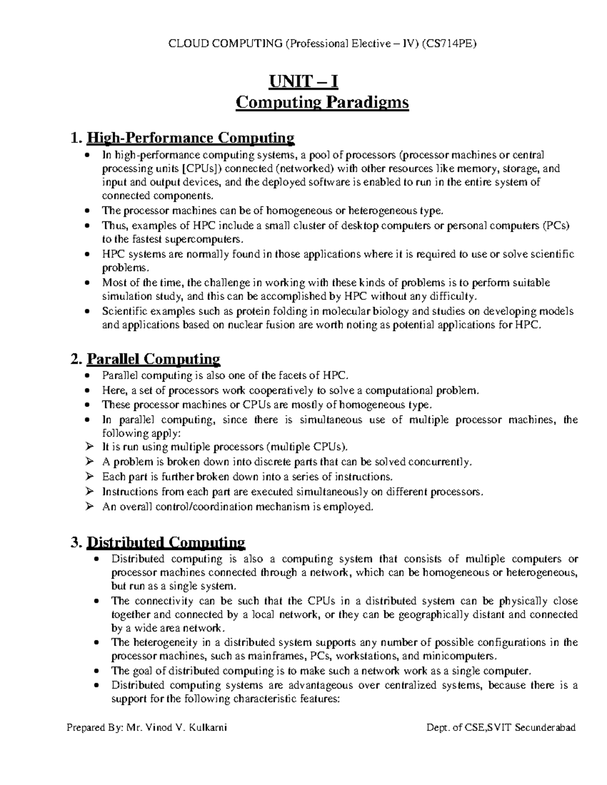 UNIT-I - Useful - UNIT – I Computing Paradigms 1. High-Performance ...