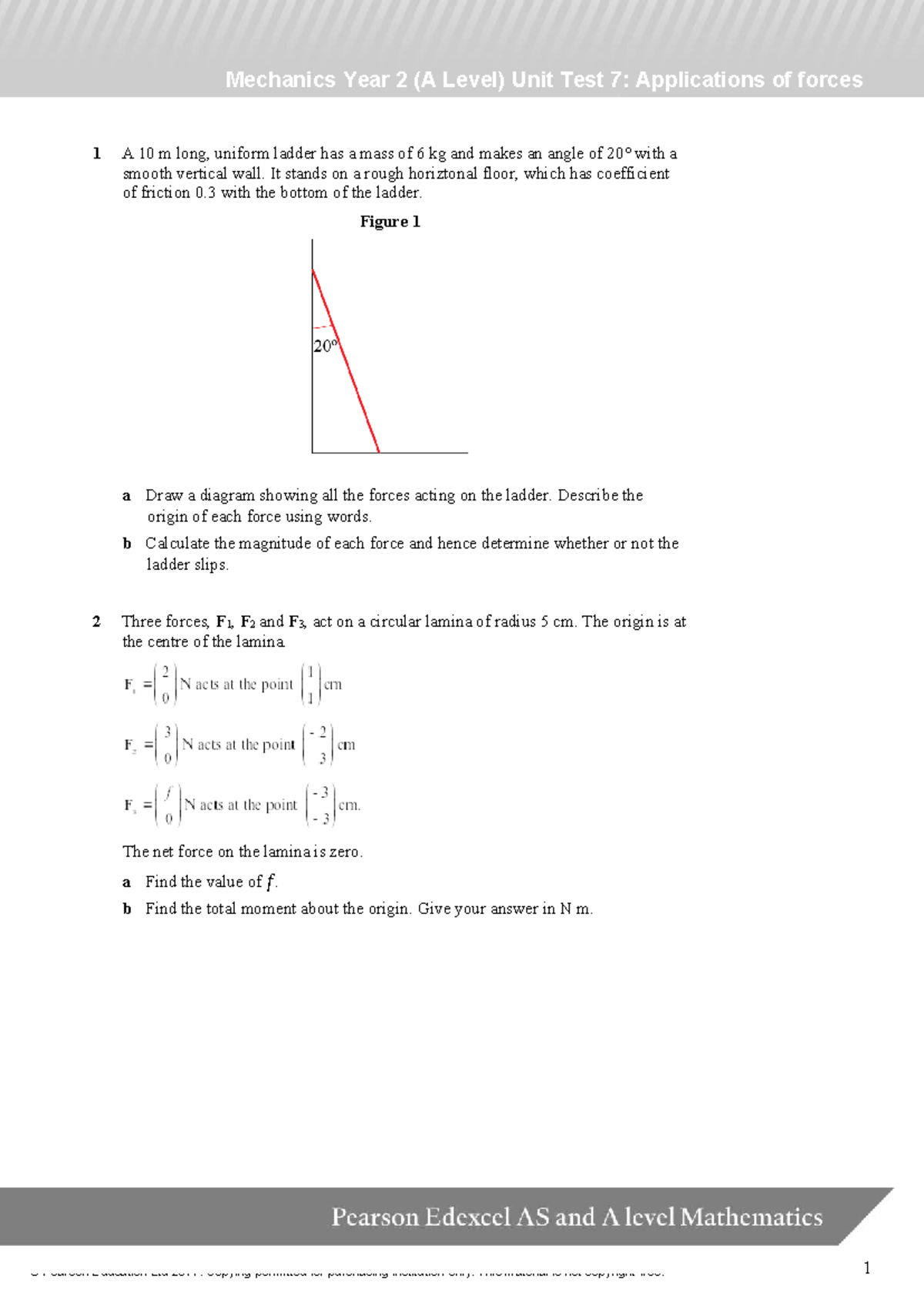 Mechanics Year 2 (A Level) Unit Test 7: Applications of Forces - Studocu