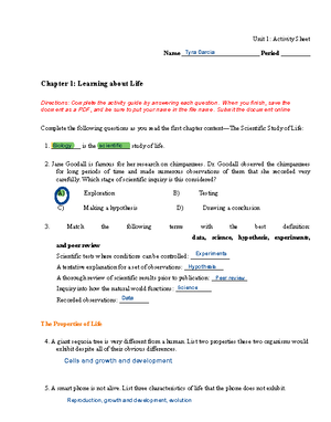 Chapter 8 and 9 Questions w/ Answers - Chapter 8 The Cellular basis of ...