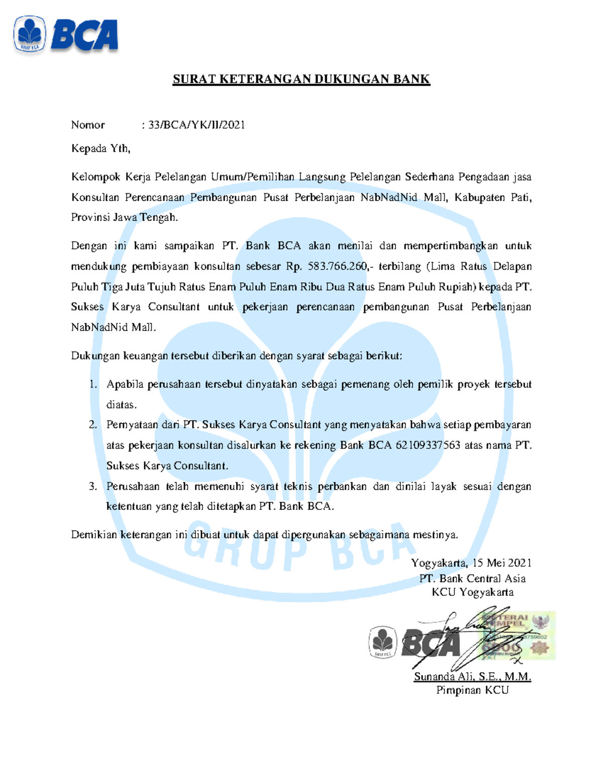 Surat Keterangan Dukungan Pembiayaan PT. Bank BCA untuk Konsultan - Studocu