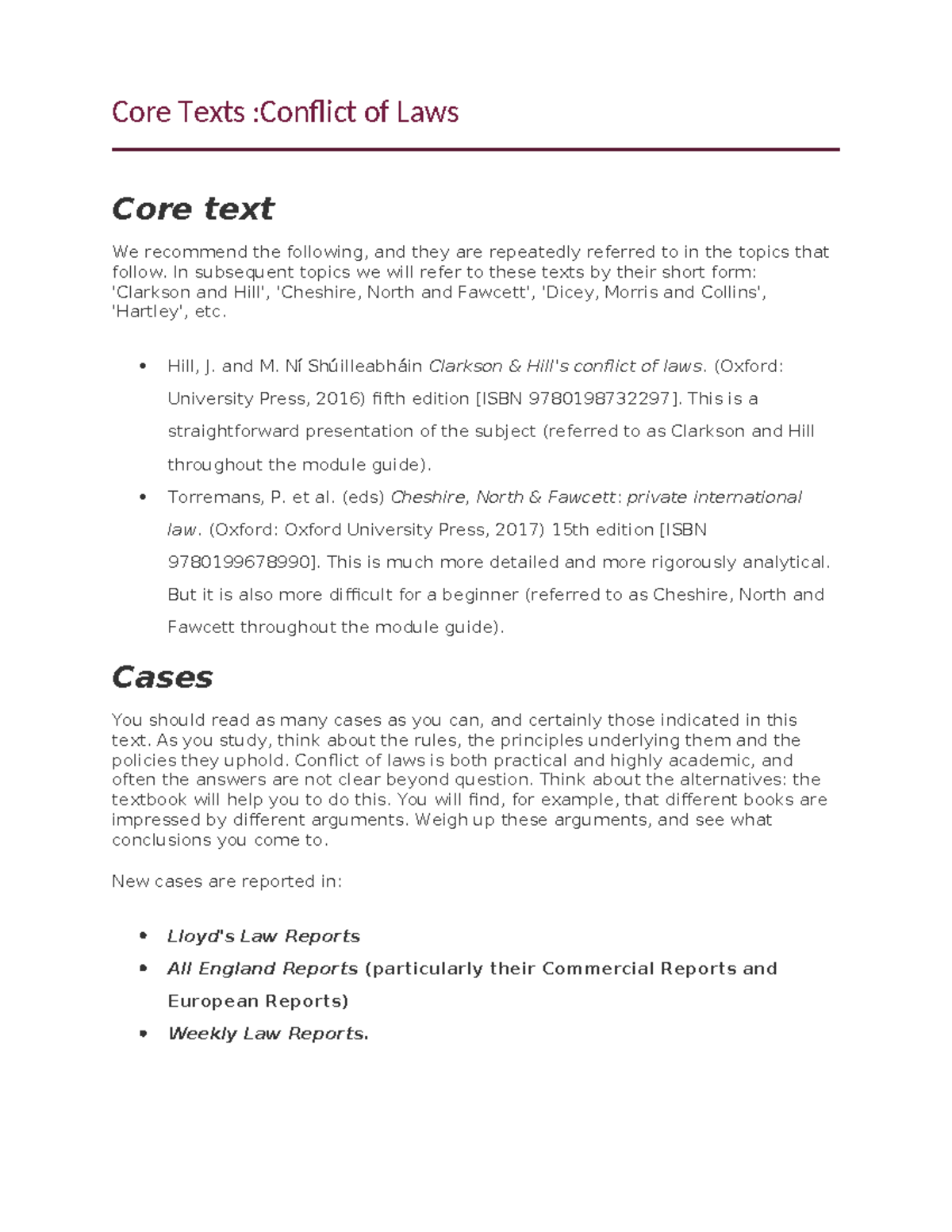 Core Texts - useful info - Core Texts :Conflict of Laws Core text We ...