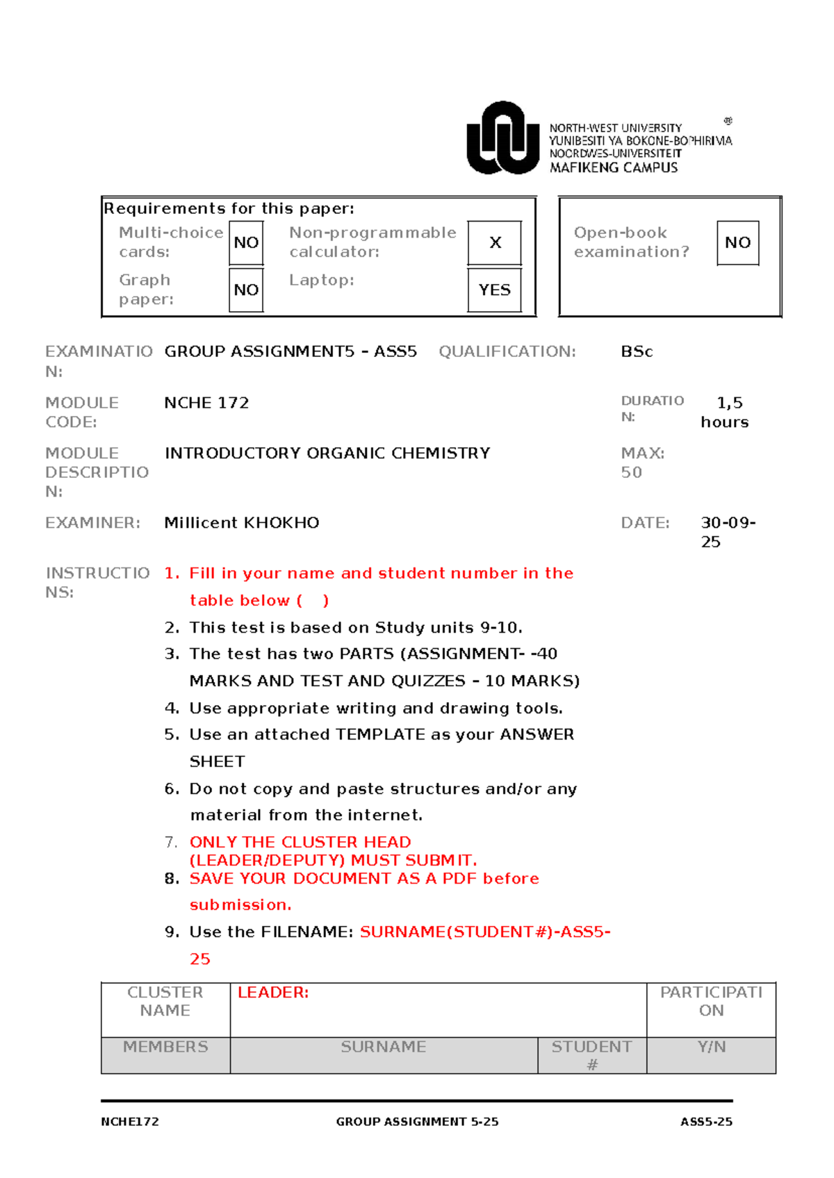 NCHE 172 ASS5-25 - Group Assignment Practice Material - Studocu