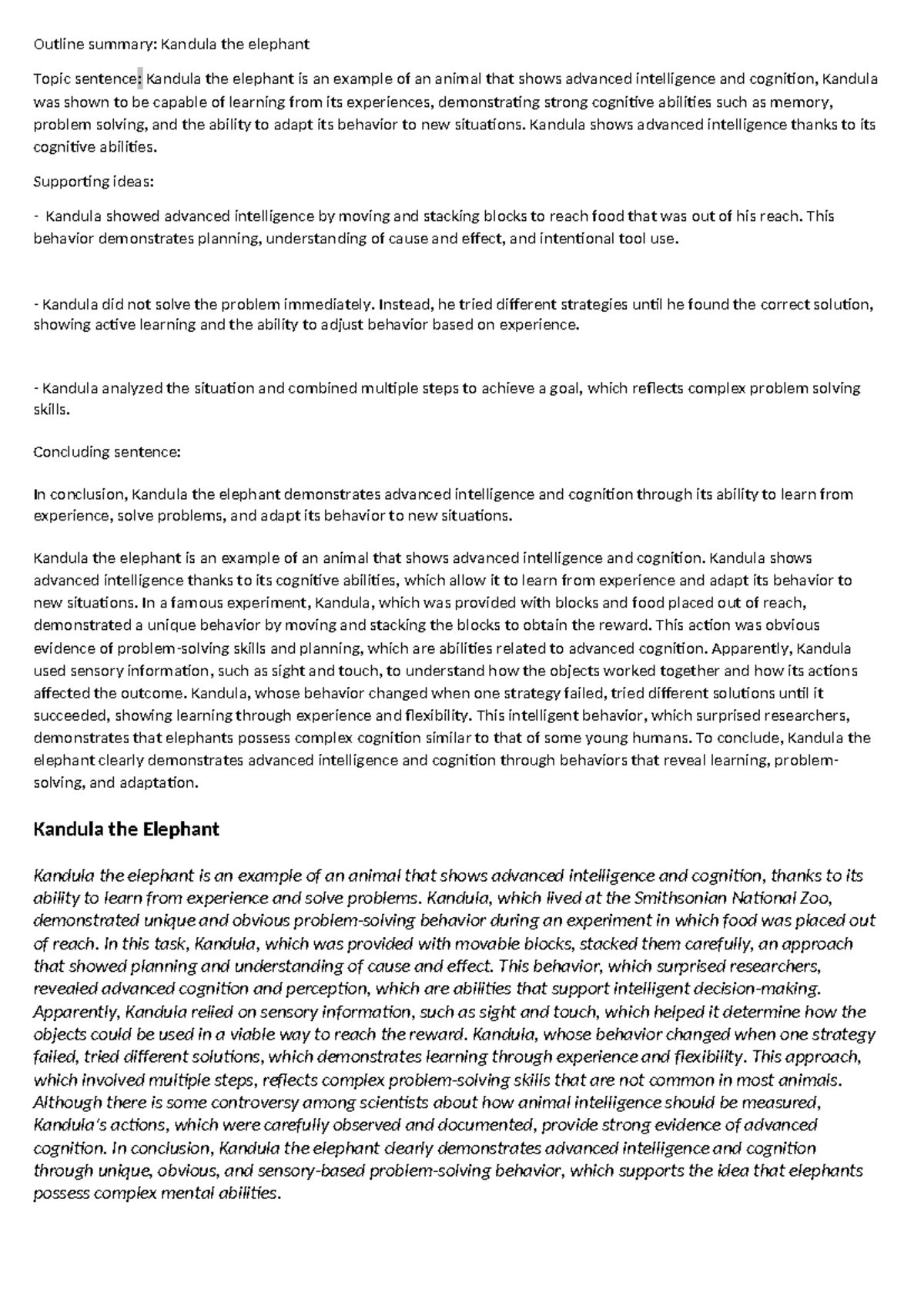 Kandula the Elephant: Advanced Intelligence & Cognition Summary - Studocu