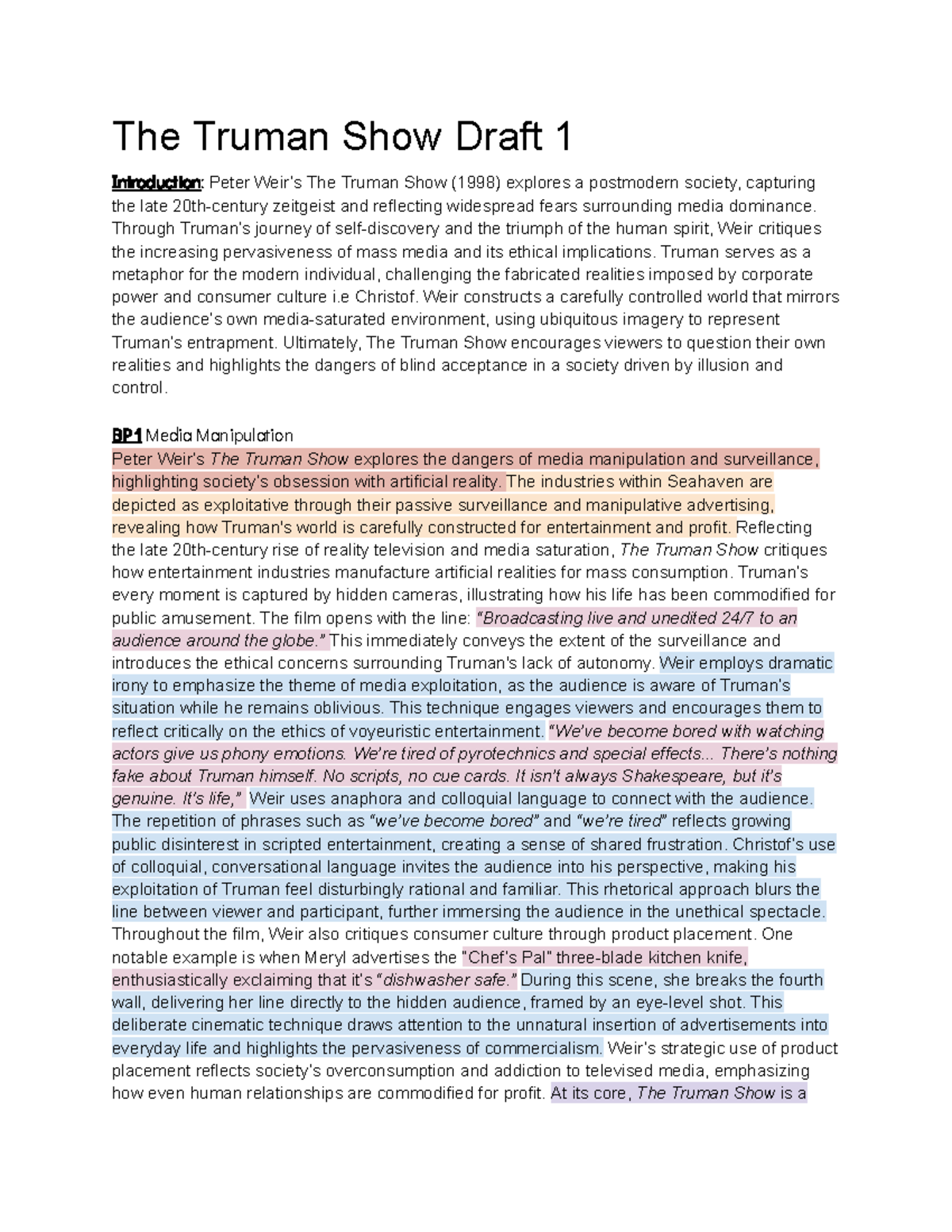 Truman Show Final Essay Analysis: Media, Reality, and Resistance - Studocu