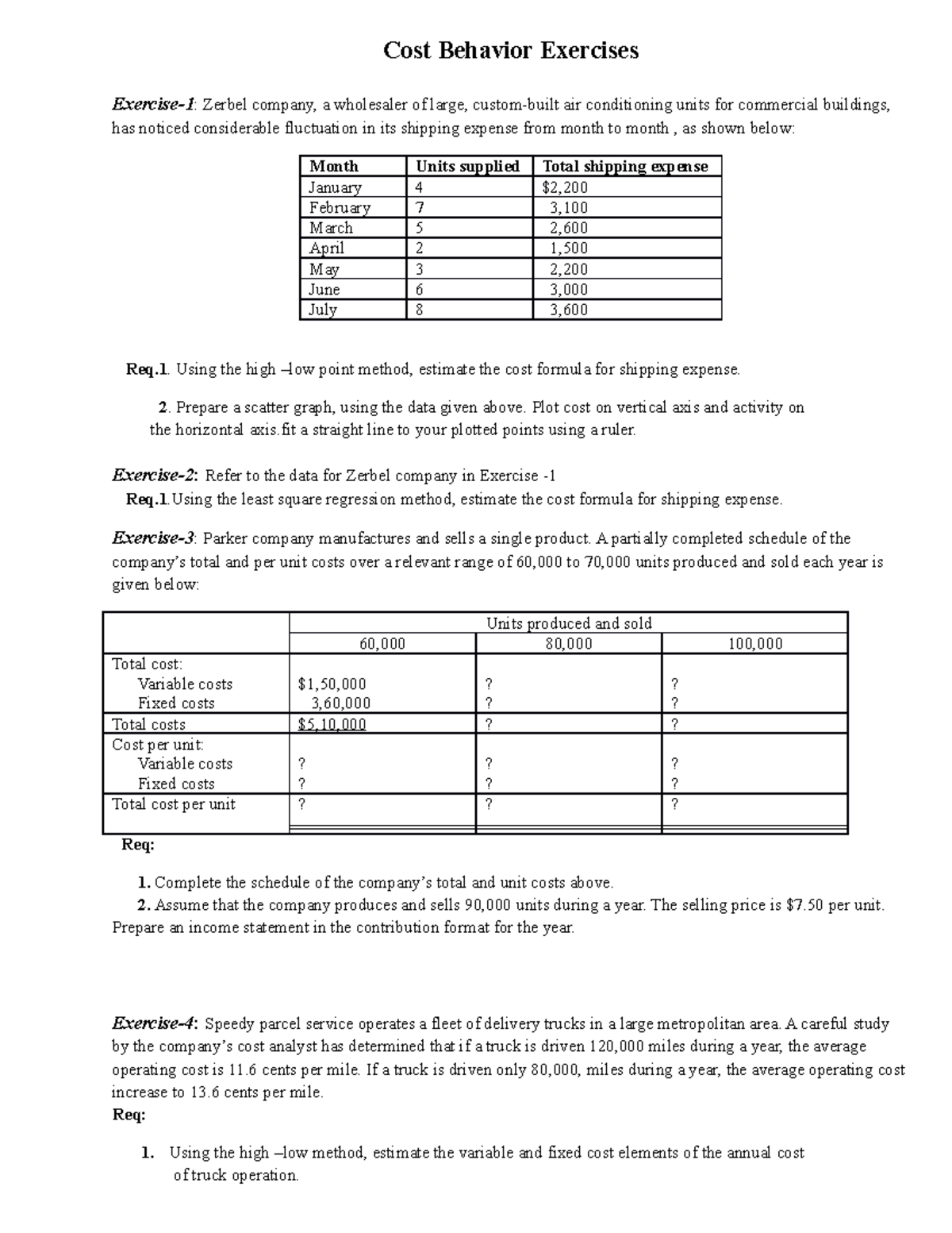 Cost behavior-exercise - Cost Behavior Exercises Exercise-1: Zerbel ...