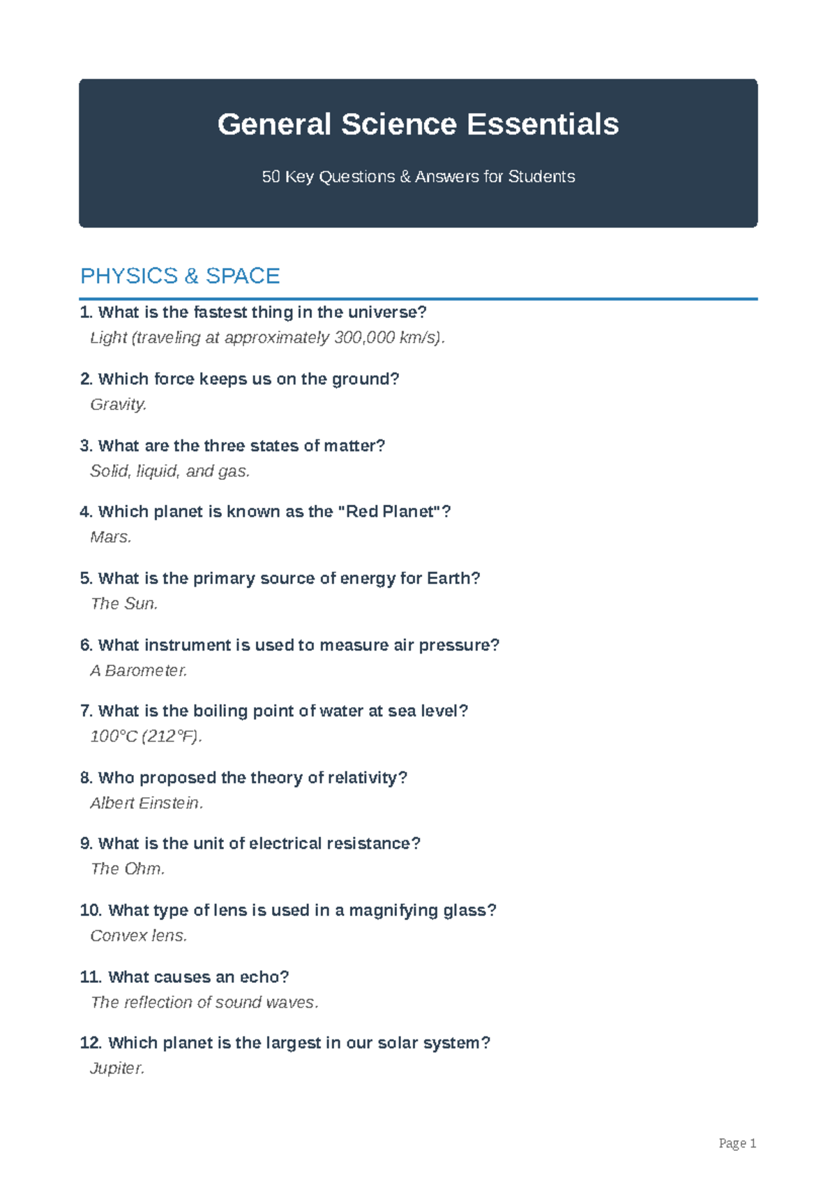 Science 50 Key Questions & Answers for Students: PHYSICS, BIOLOGY ...