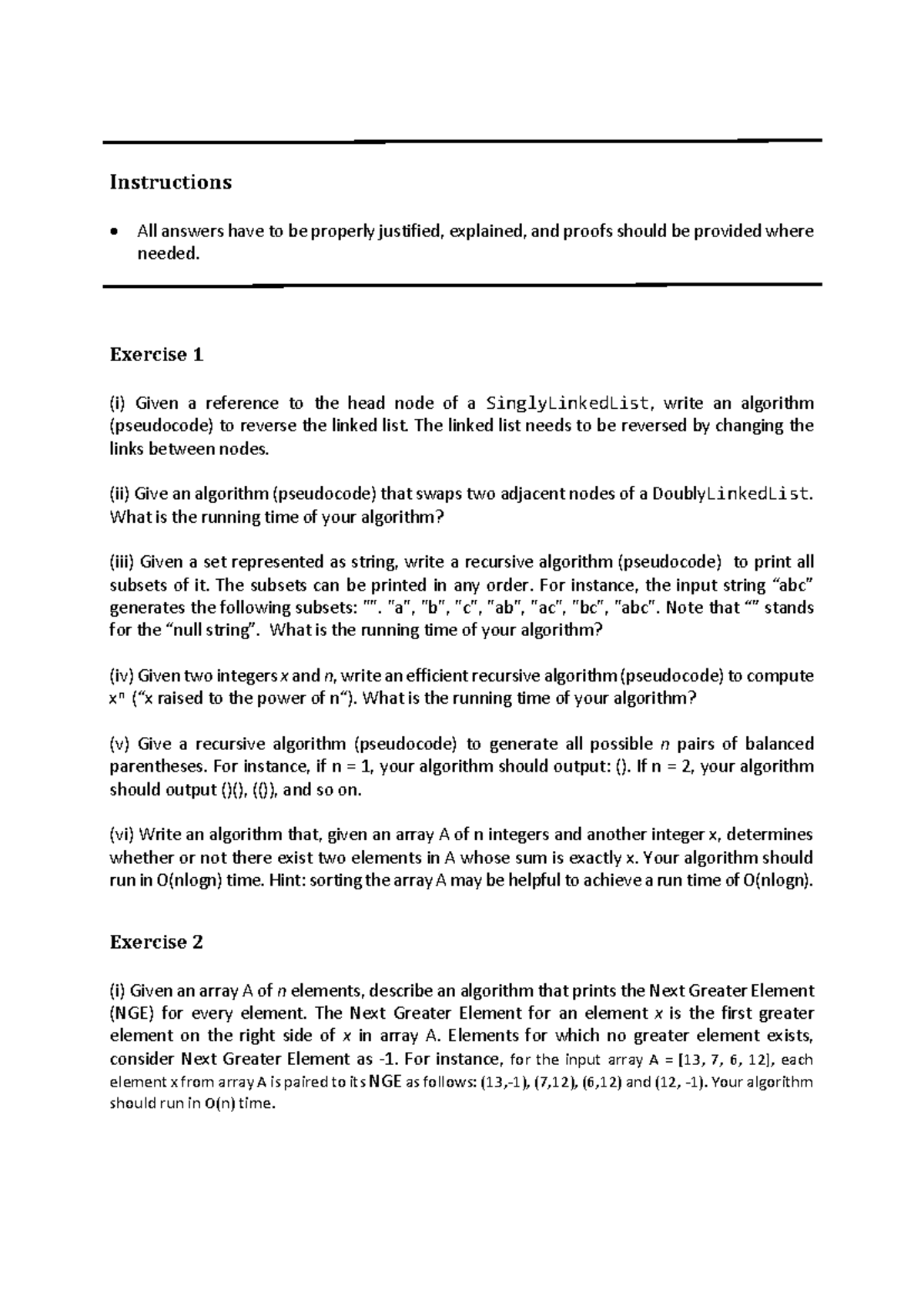 Algorithm Exercise Questions for CS101 - Problem Solving Techniques ...