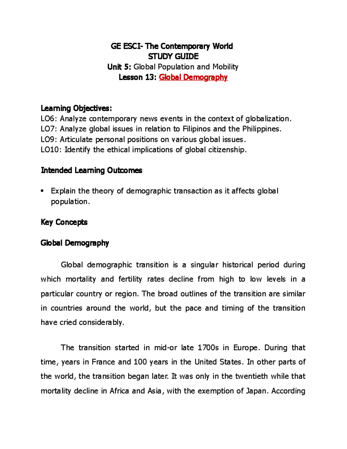 Lesson 13 Global Demography - GE ESCI- The Contemporary World STUDY ...