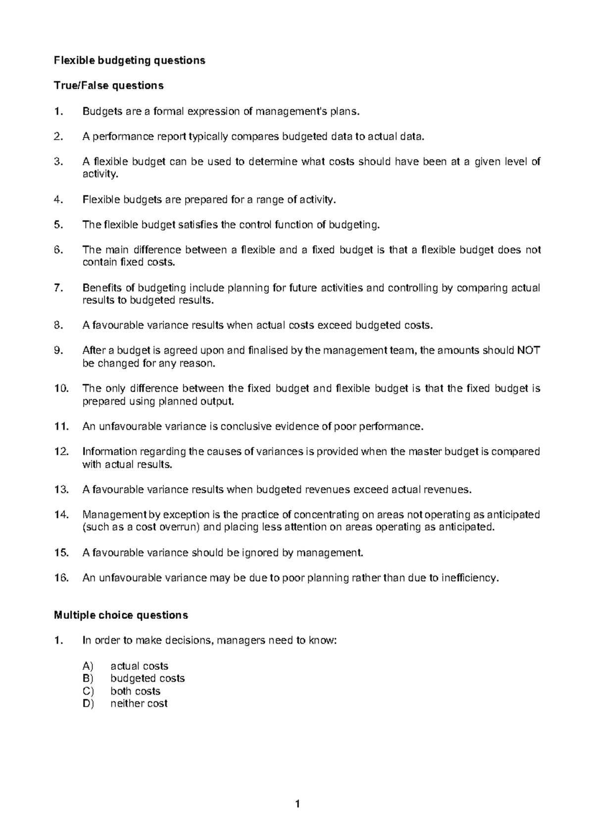 Budgeting MCQ Practice Questions for Flexible Budgets and Variances ...