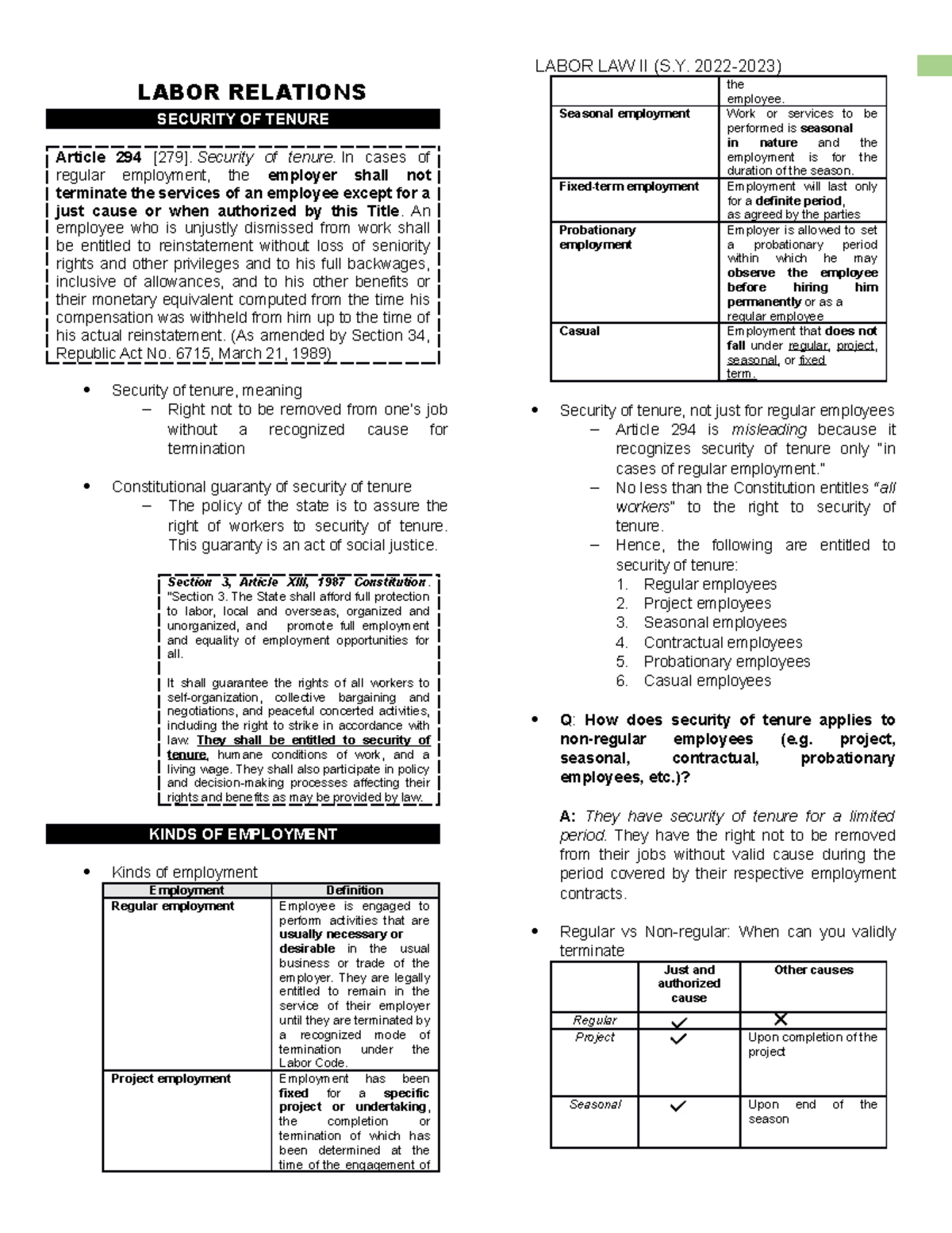 Labor Law 2 - Comprehensive Overview of Employment Types and Rights ...