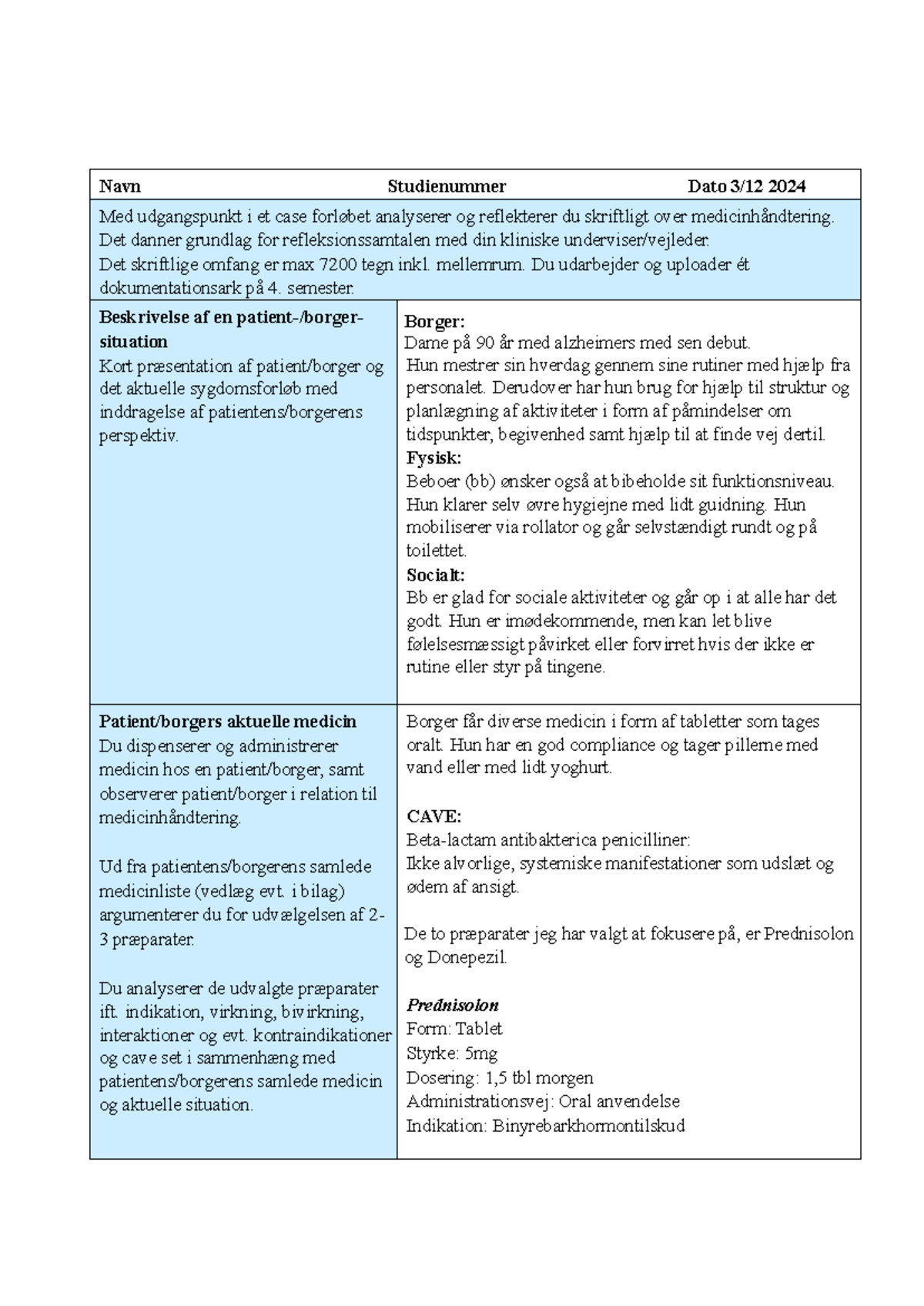 Medicin logbog - Navn Studienummer Dato 3/12 2024 Med udgangspunkt i et case forløbet analyserer ...