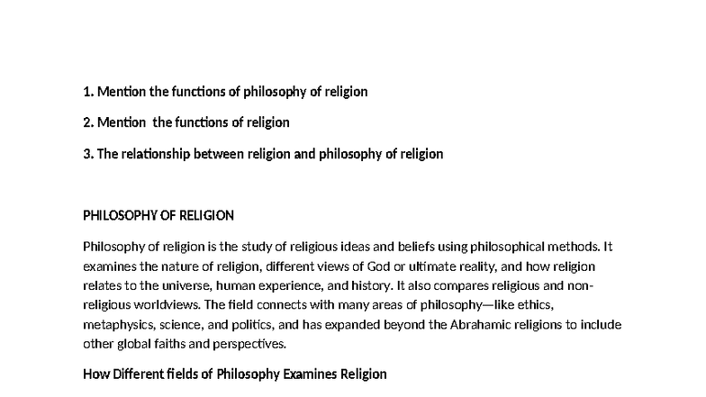 PHIL 101: Functions of Philosophy of Religion Explained - Studocu
