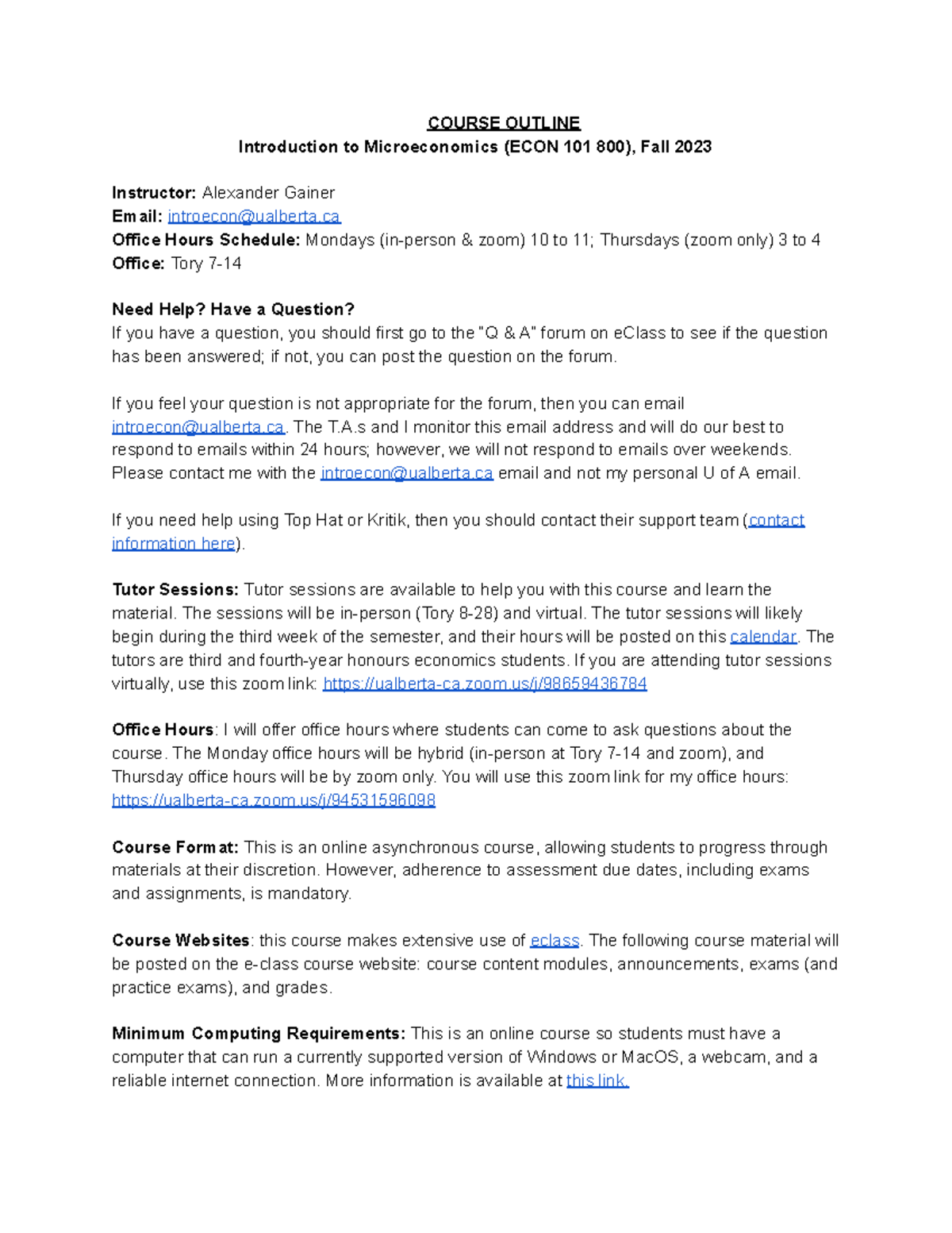 Fall 2023 ECON 101 Introduction to Microeconomics Course Outline - Studocu