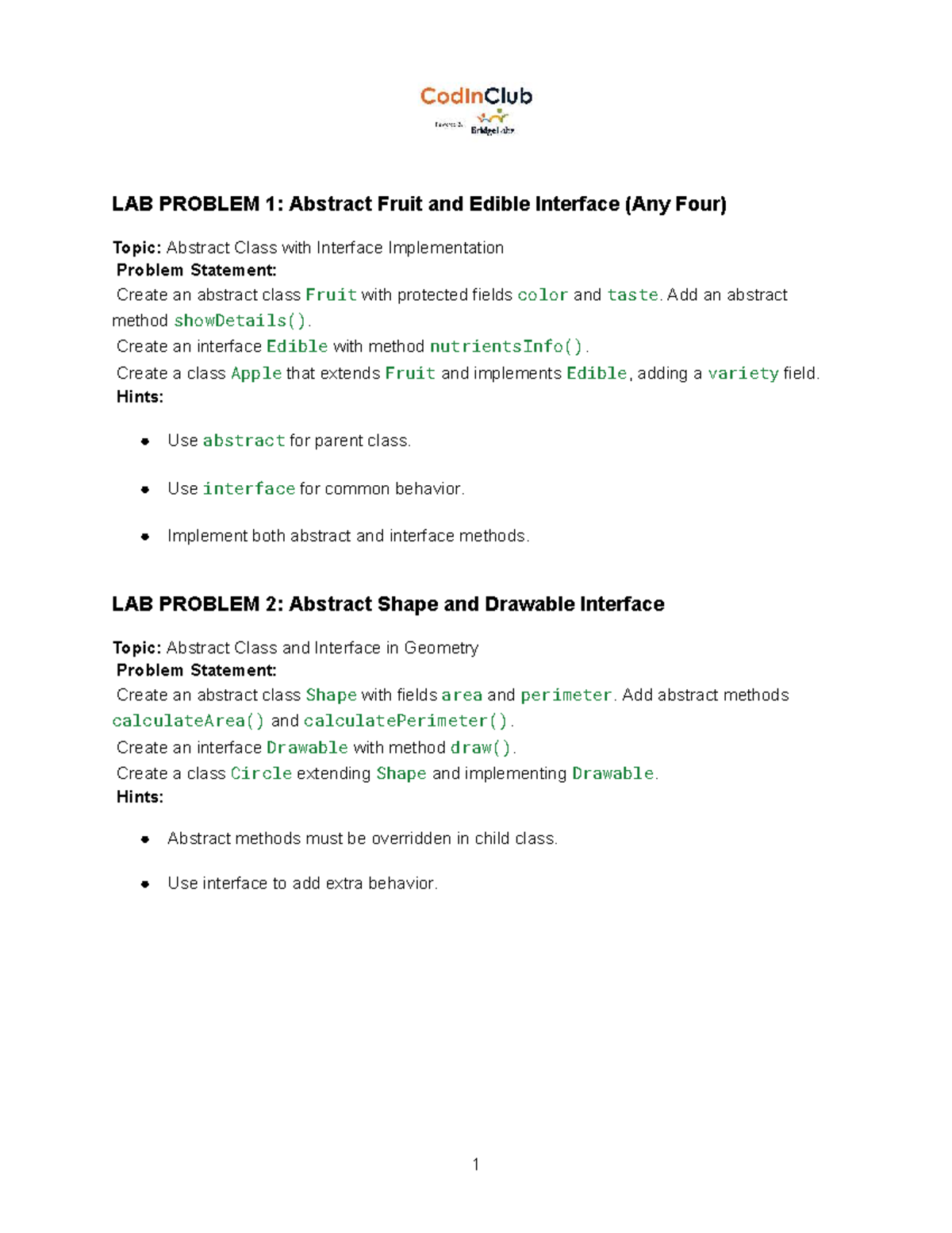 S8 - Core OOP Principles: Abstract Class & Interface Lab Problems - Studocu