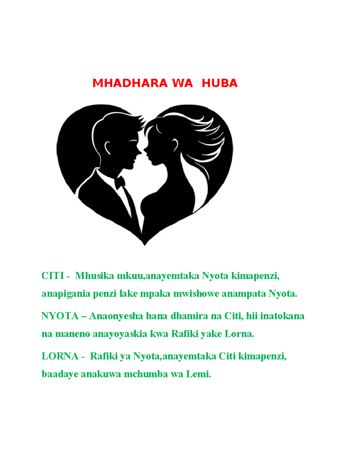 Mhadhara WA HUBA - Muhtasari wa Hadithi ya Mapenzi na Urafiki - Studocu