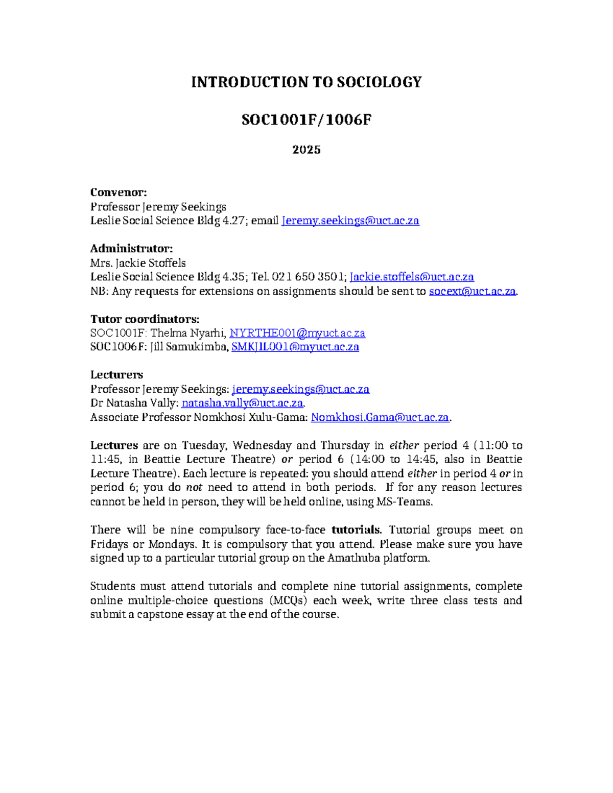 Introduction to Sociology Course Outline (SOC1001F/1006F) - 2025 - Studocu