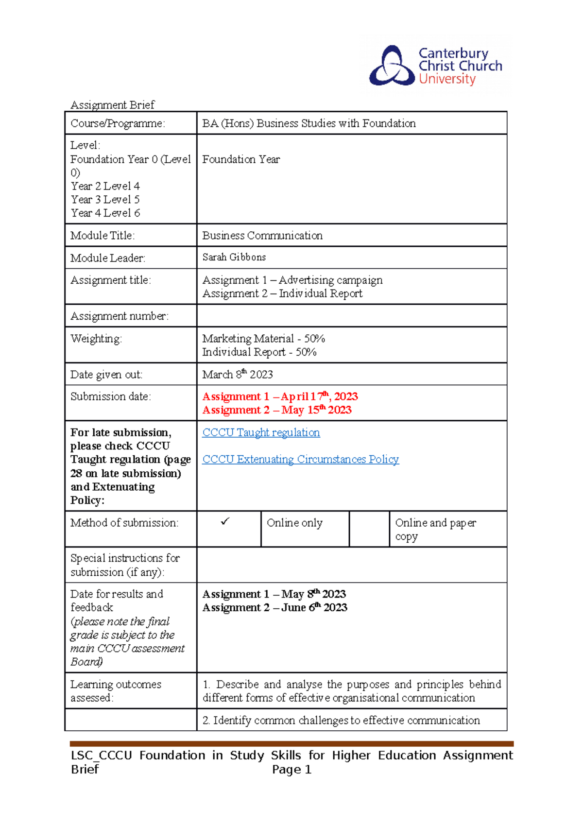 CCCU BABS FY L0 T2 BC Assignment 1 and 2 NEW 2023 - Assignment Brief Course/Programme: BA (Hons ...