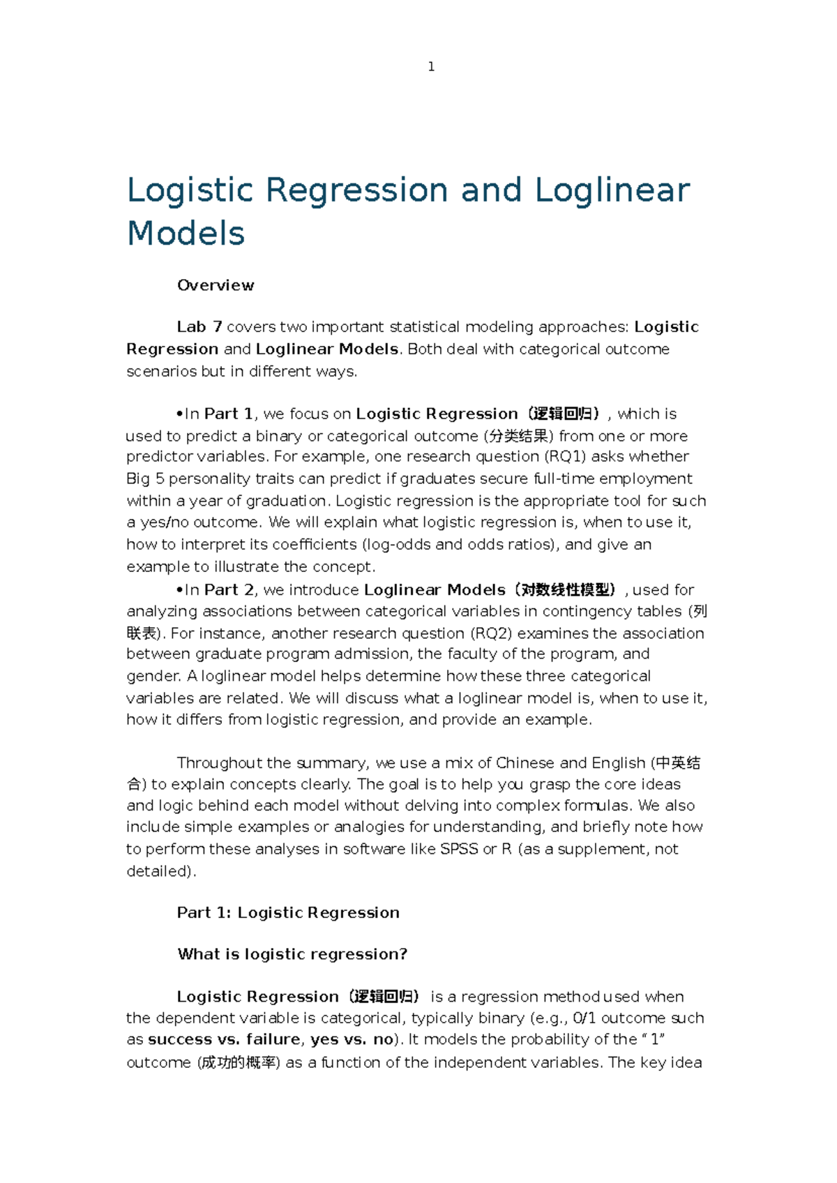 Lab 7: Overview of Logistic Regression & Loglinear Models - Studocu