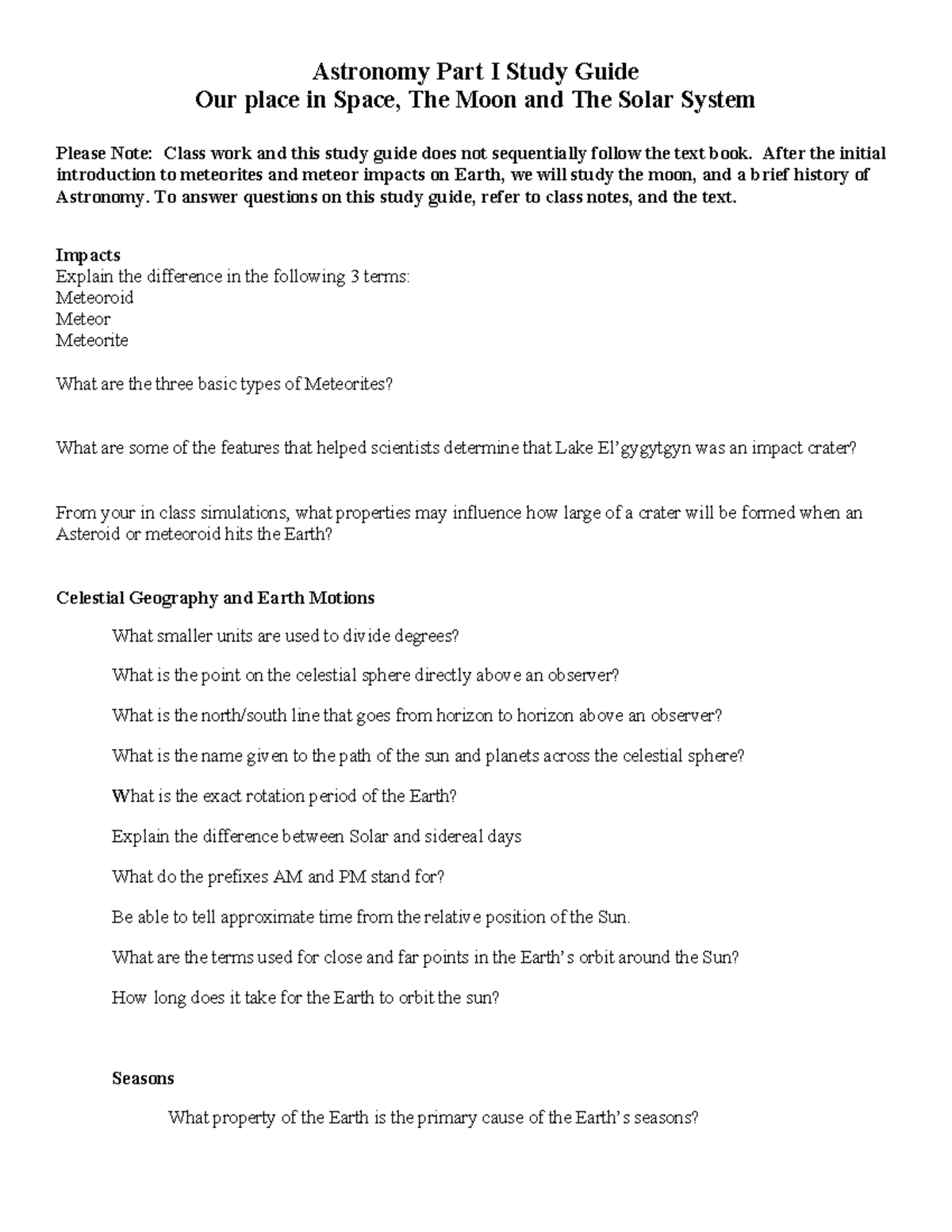 Astronomy Part I Study Guide: Understanding Celestial Bodies and Phenomena - Astronomy Part I ...