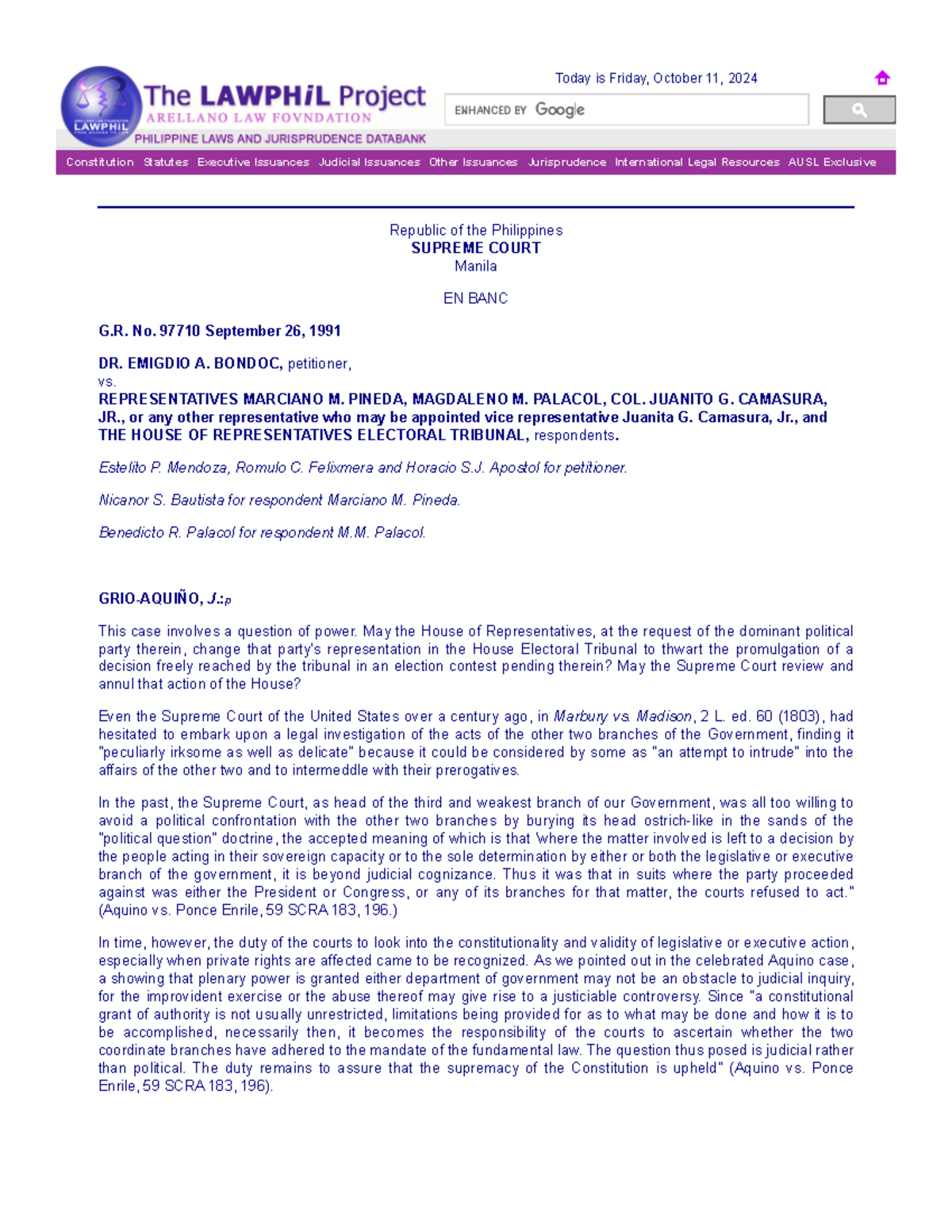 Bondoc G.R. No. 97710 - Constitution Statutes Executive Issuances ...
