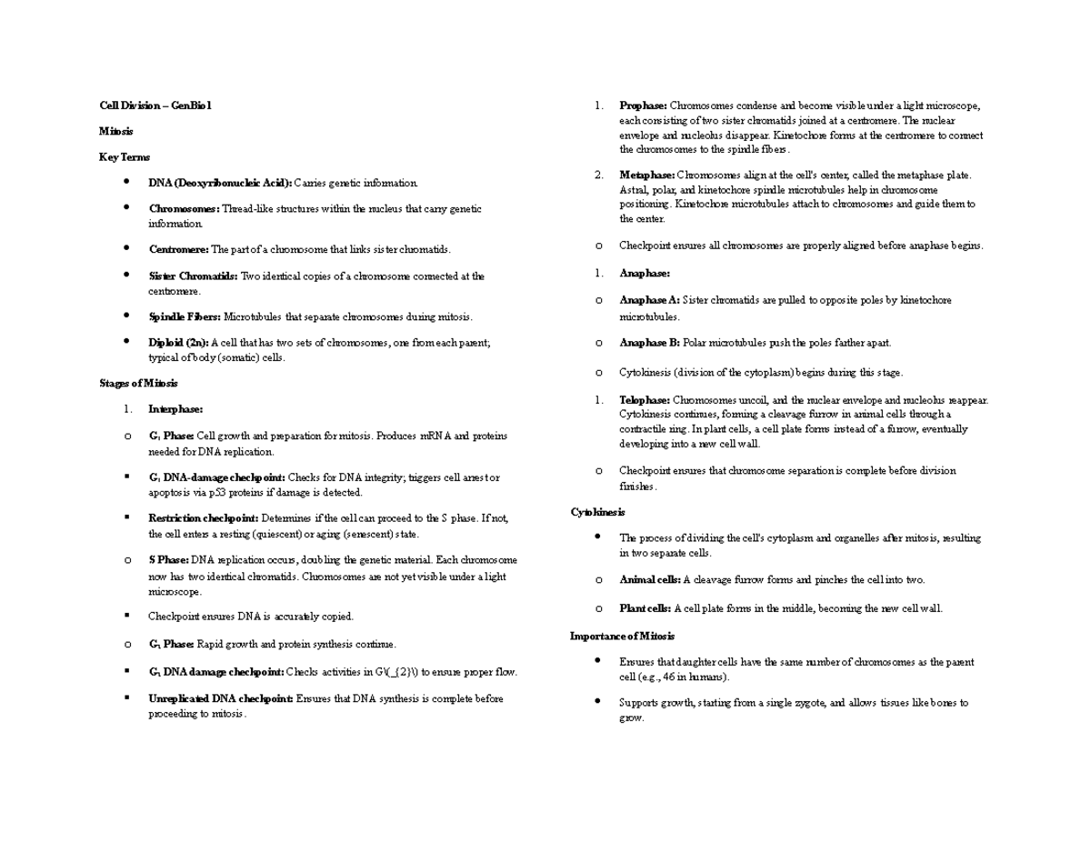 Cell Division Overview GenBio1: Mitosis & Meiosis Stages - Studocu
