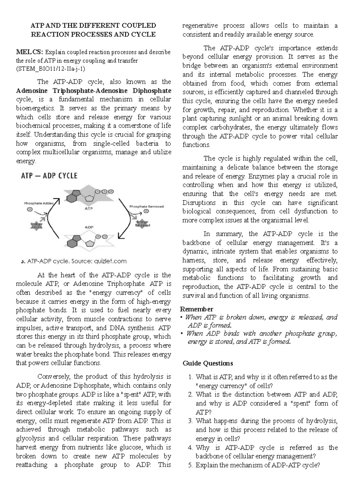 Lesson 12: Comprehensive Learning on ATP Cycle & Pigments (STEM_BIO11 ...