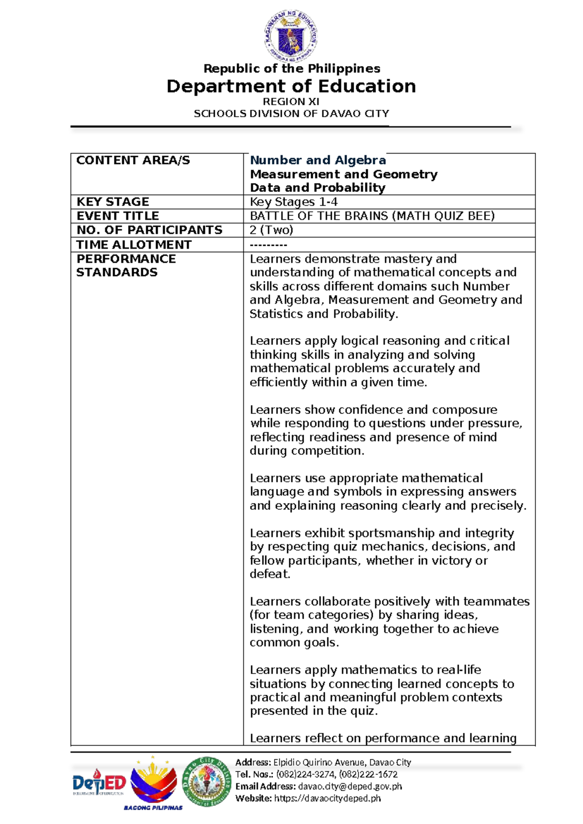 Math Quiz Bee (MATH 101) - Event Overview and Guidelines - Studocu