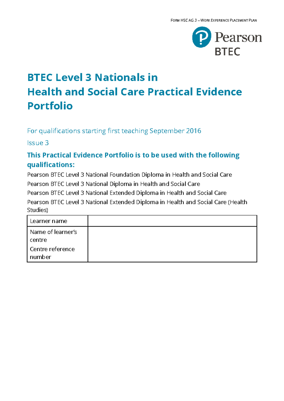 BTEC Level 3 Health & Social Care Work Experience Placement Plan - Studocu