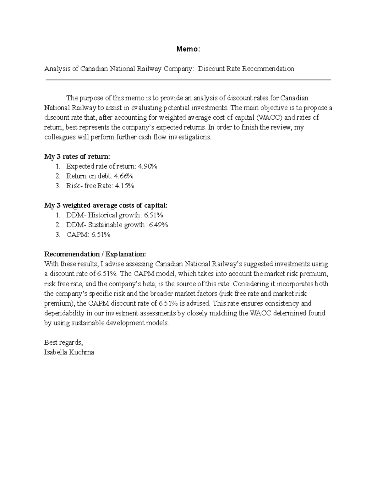 976961 Memo - Discount Rate Analysis for CN Railway Project - Studocu
