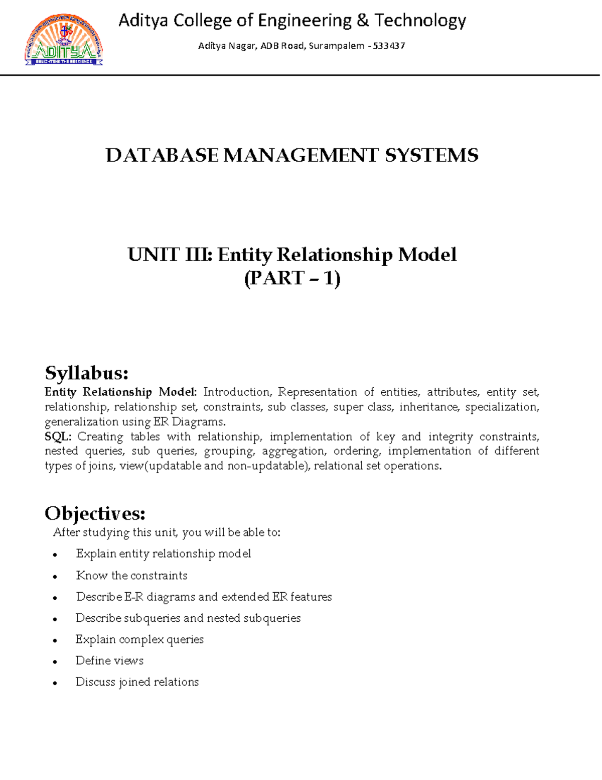 DBMS (R20) UNIT - 3 - DBMS unit 3 - Aditya College of Engineering & Technology Aditya Nagar, ADB ...