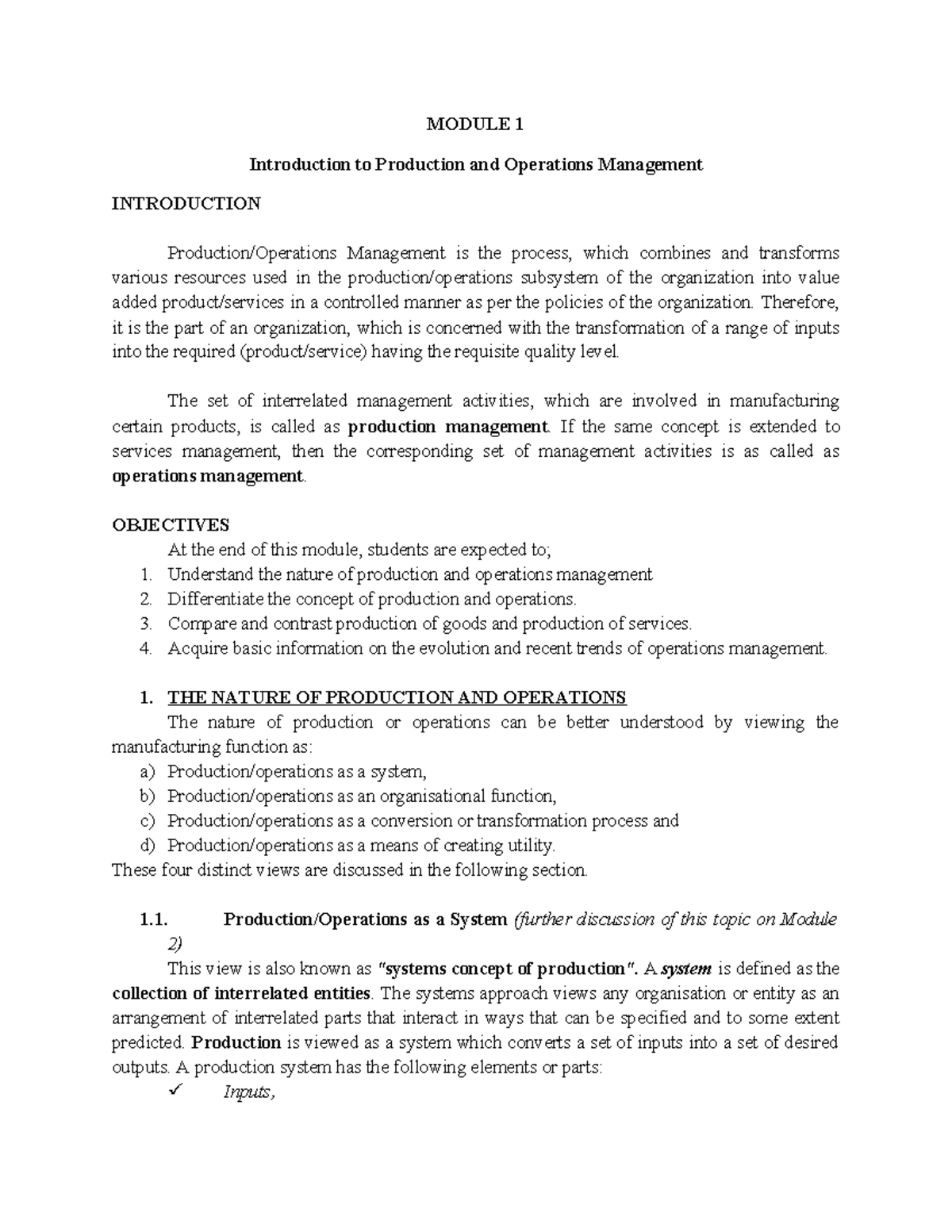 Module-1 - CBME - MODULE 1 Introduction to Production and Operations ...