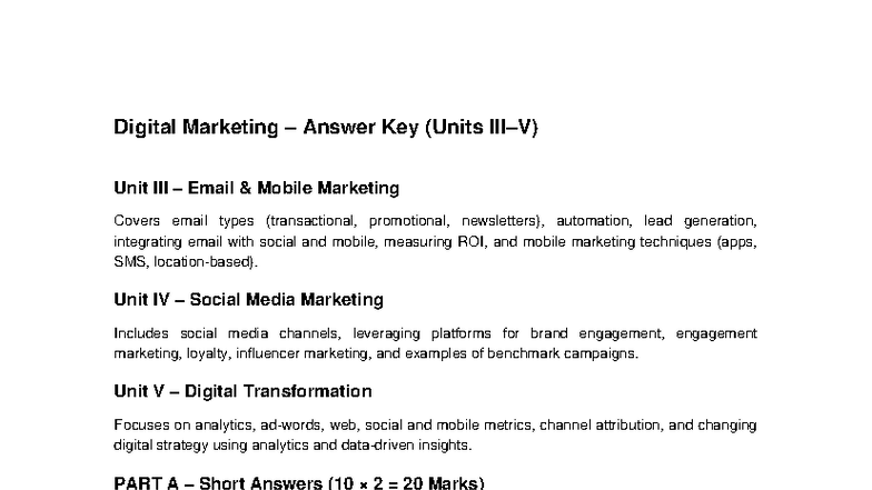Digital Marketing Answer Key - Digital Marketing – Answer Key (Units ...
