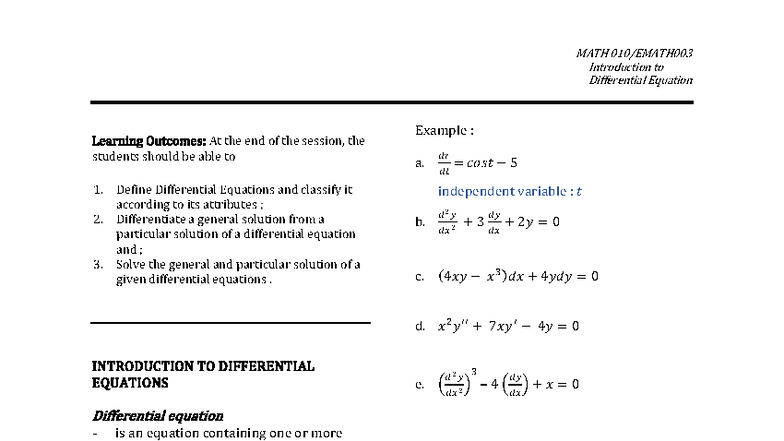 MATH Introduction to Differential Equations Study Guide - Studocu