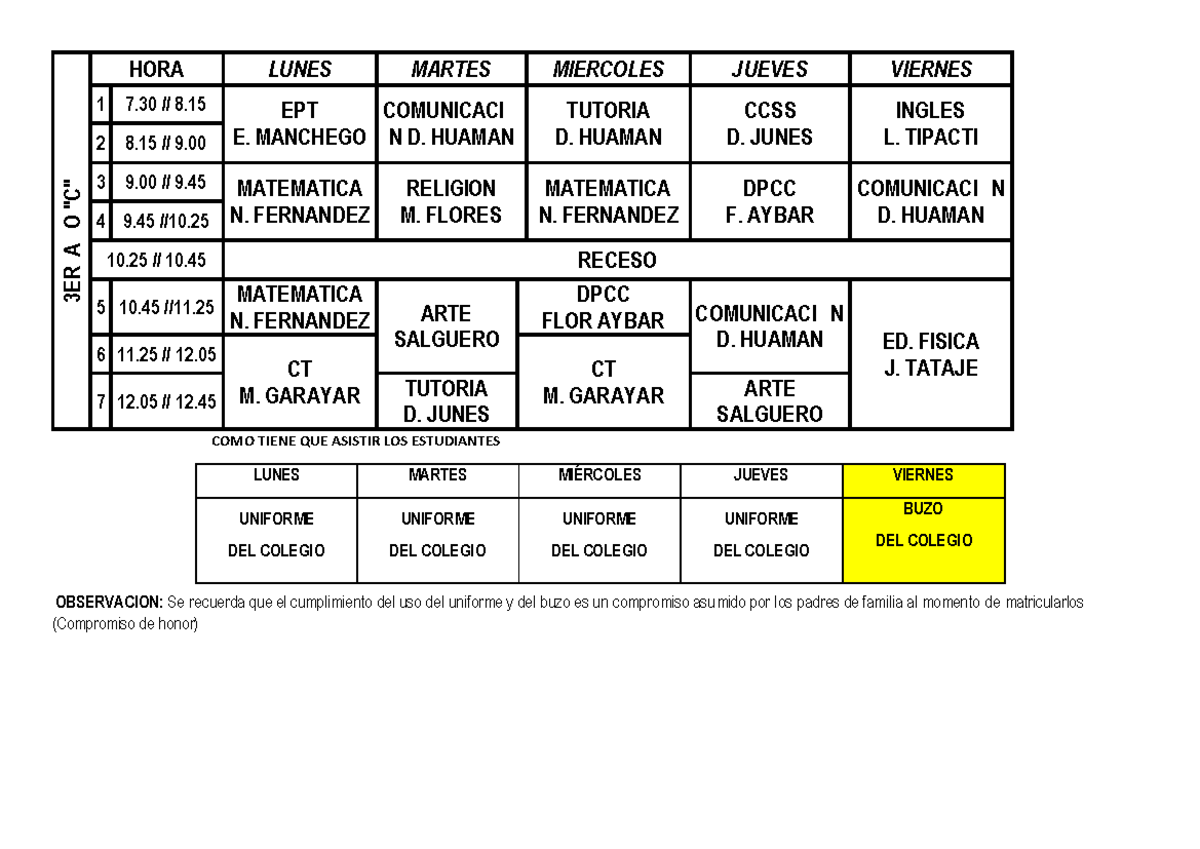 3ER AÑO EPT horario de clases y uso de uniforme del colegio - Studocu