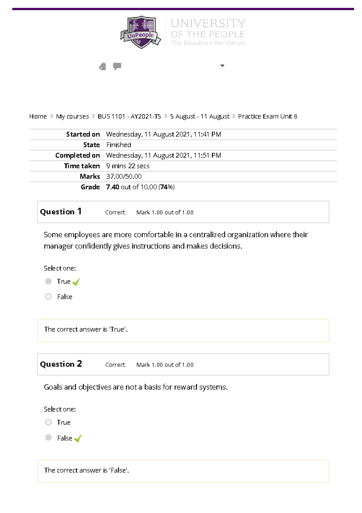 BUS 1101-Practice Exam Unit 8-1- Uploaded - Started on Wednesday, 11 ...