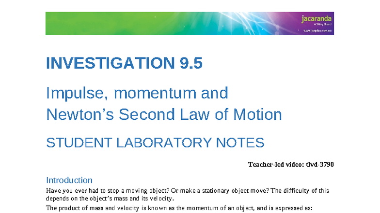 INVESTIGATION 9.5: Impulse, Momentum & 2nd Law of Motion Lab Notes ...