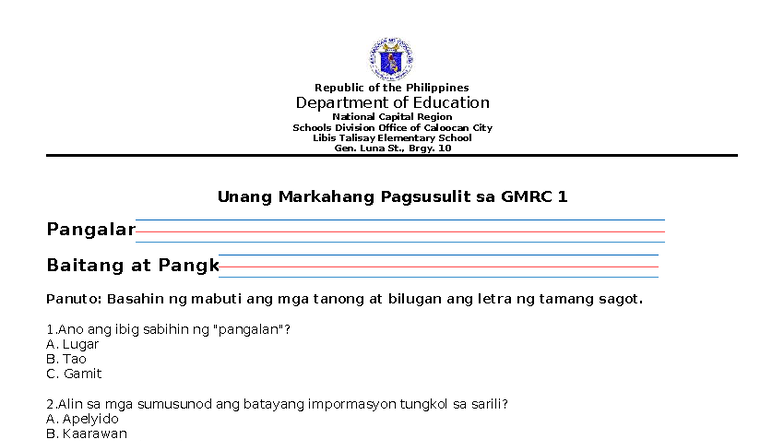 GMRC 1 Pagsusulit sa Unang Markahang Pagsusulit - Studocu