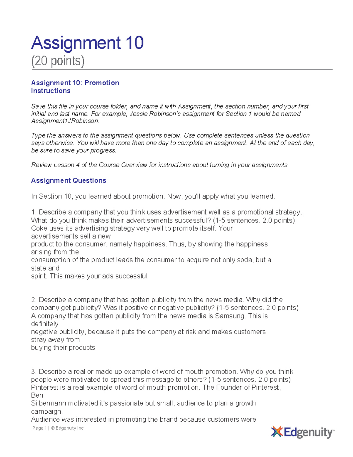 Assignment 10 - EL5732 - the work YOU need to do - Page 1 | © Edgenuity Inc Assignment 10 (20 ...