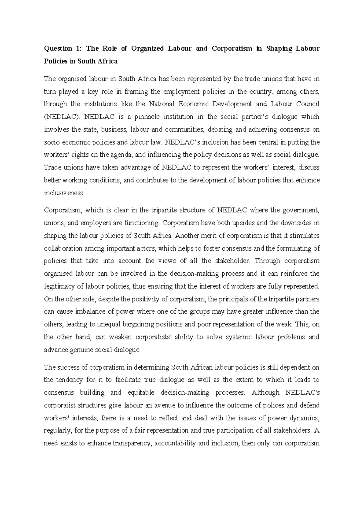 The Impact of Organized Labour & Corporatism on SA Labour Policies ...