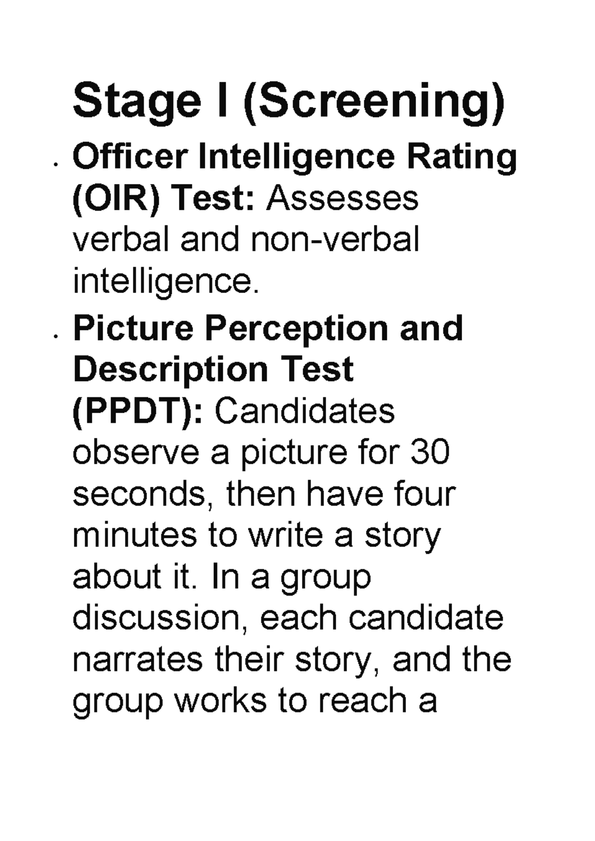 NDA Stage I & II Assessment Overview: OIR, PPDT, TAT, GTO Tasks - Studocu