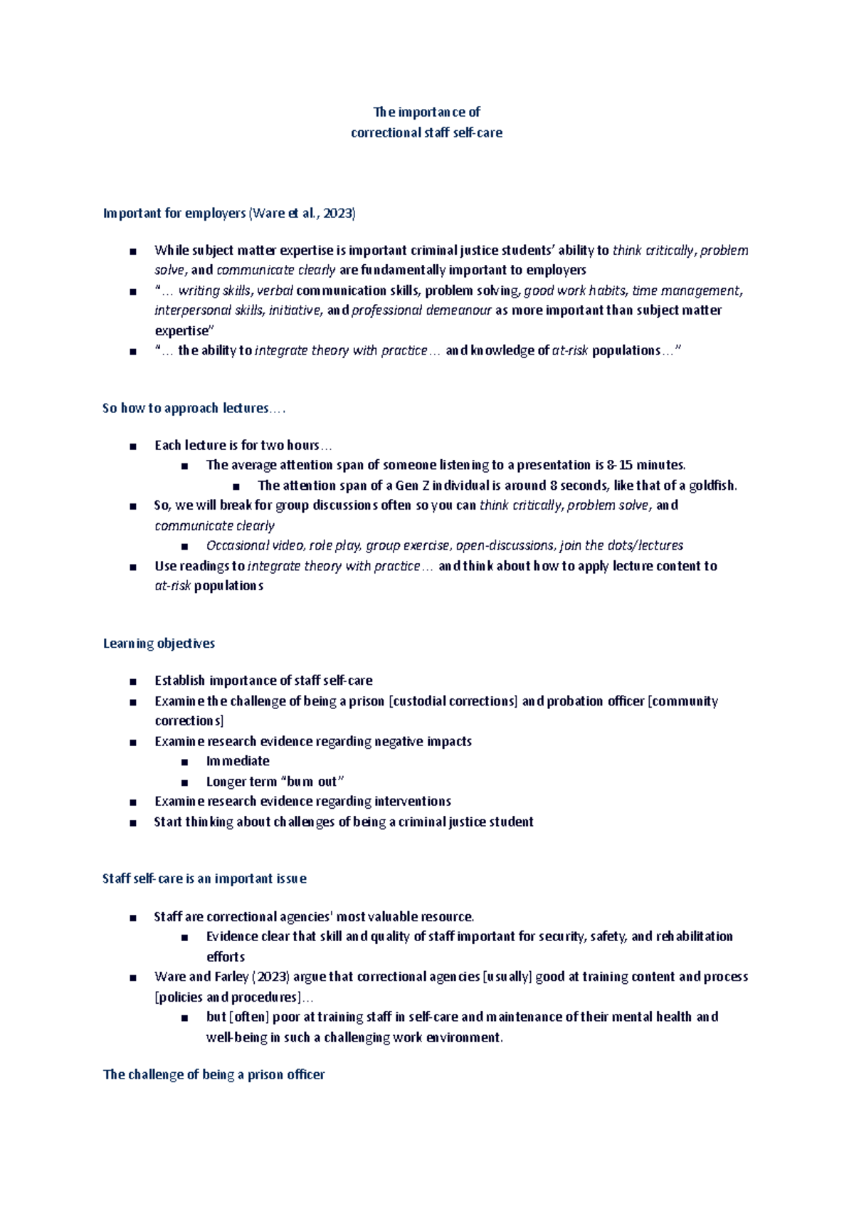 CRJU302 - Lecture Notes: Importance of Correctional Staff in Criminal ...