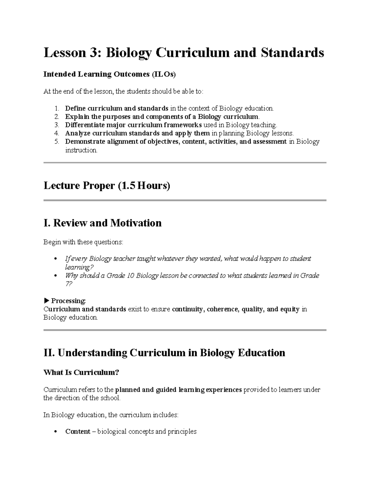 Lesson 3: Biology Curriculum Standards & ILOs for Effective Teaching ...