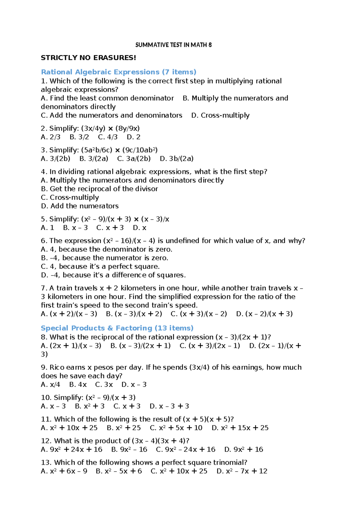 Summative Test in Math 8: Rational Algebraic Expressions & More - Studocu