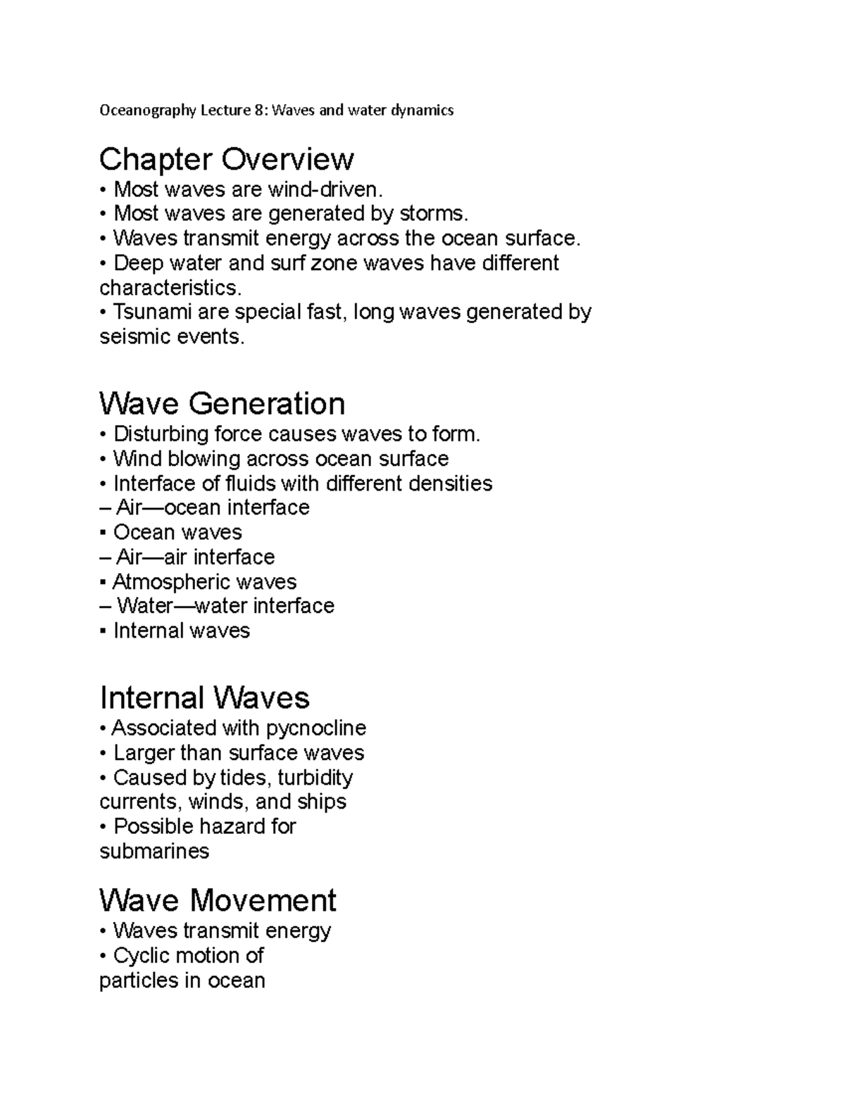 Oceanography 8 - notes - Oceanography Lecture 8: Waves and water ...